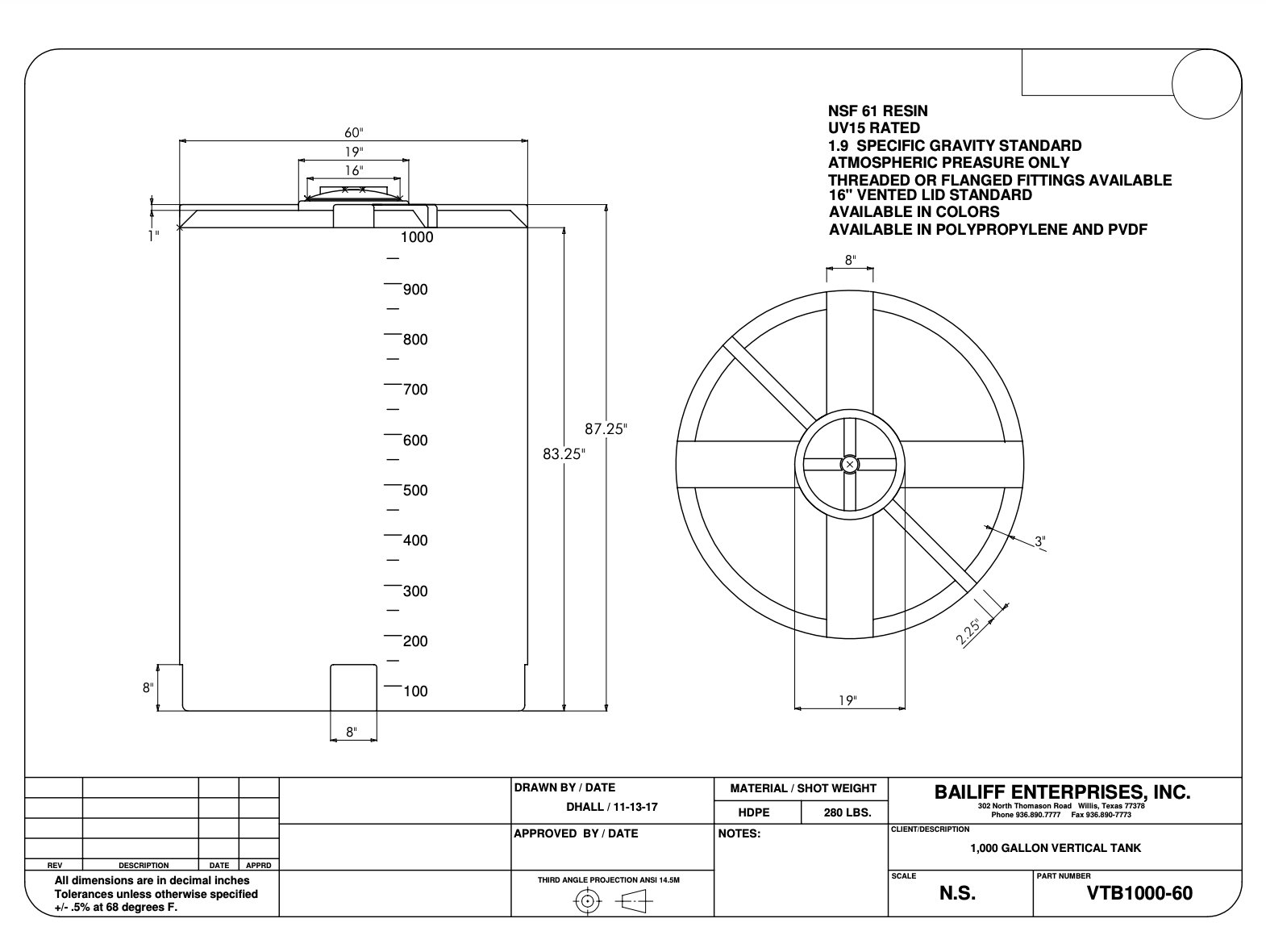 1000 GALLON HDPE VERTICAL TANK