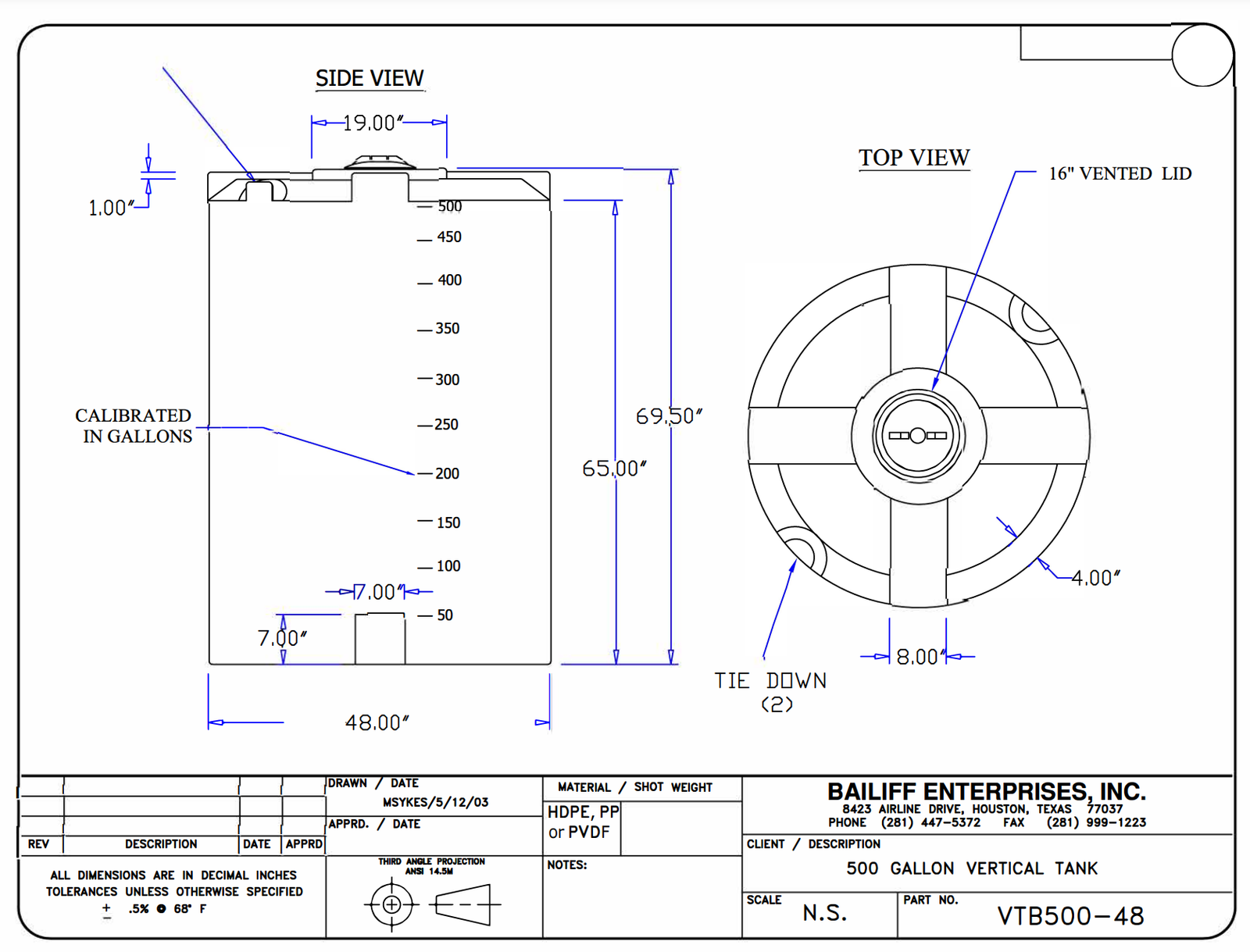 500 GALLON HDPE VERTICAL TANK