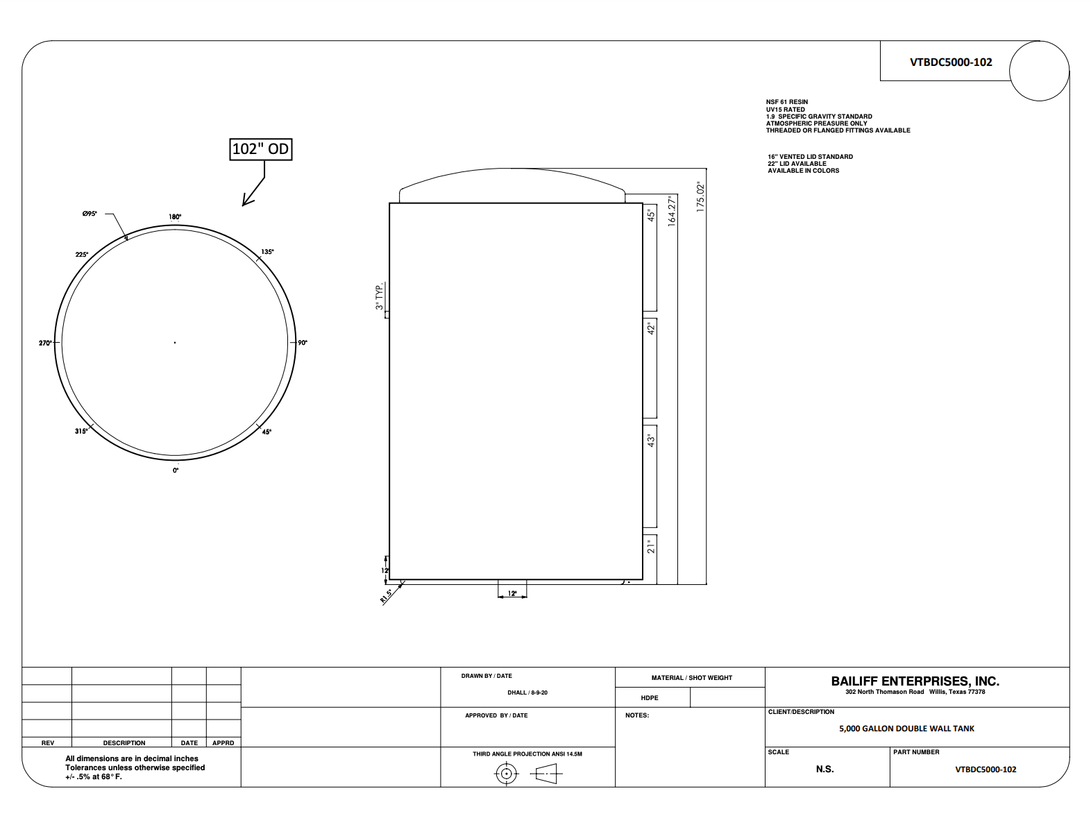 5000 GALLON HDPE DOUBLE WALL VERTICAL TANK