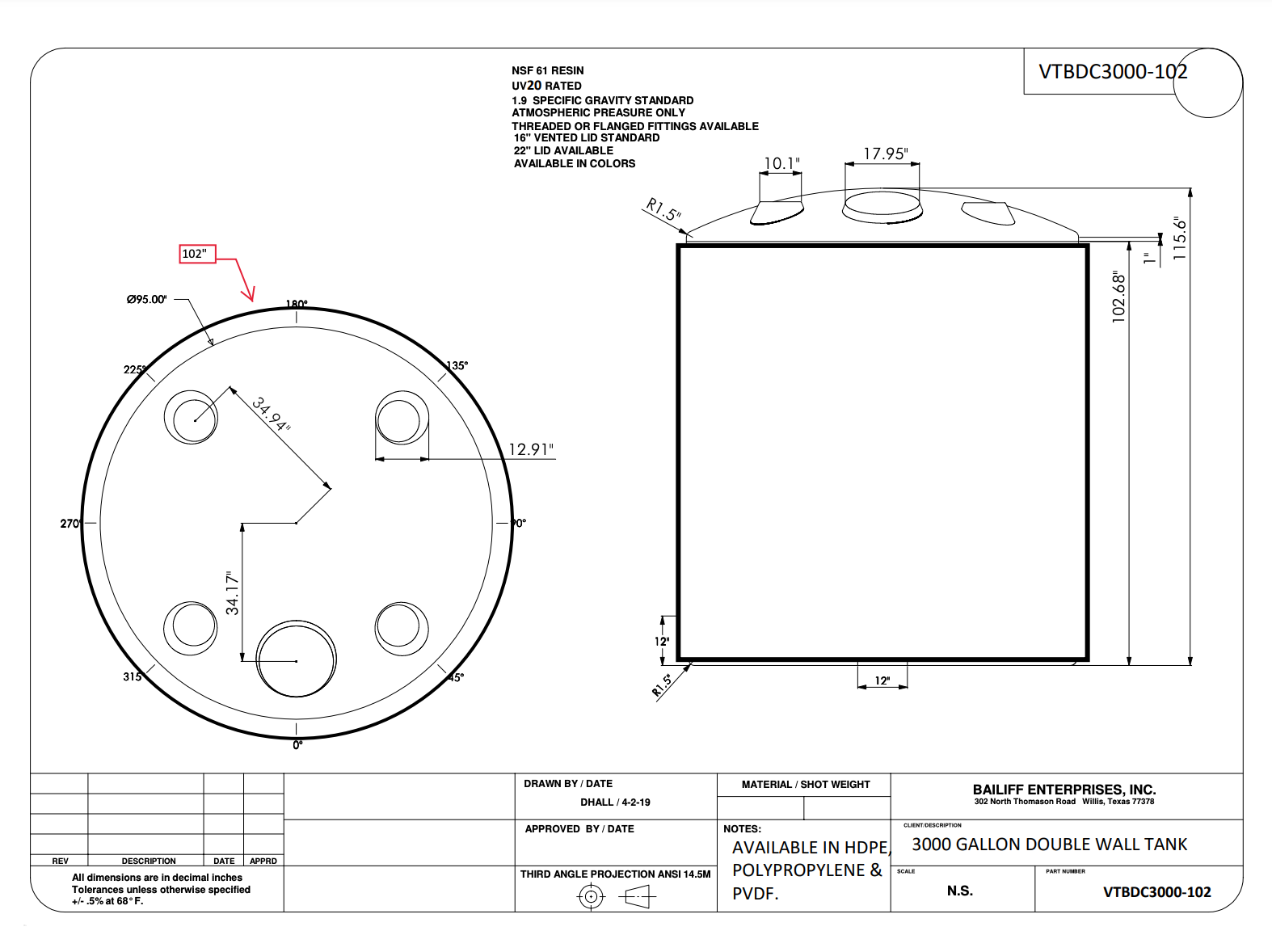 3000 GALLON HDPE DOUBLE WALL VERTICAL TANK ASTM