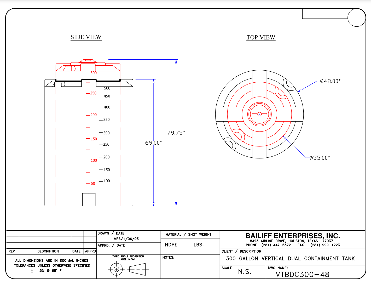 300 GALLON HDPE DOUBLE WALL VERTICAL TANK