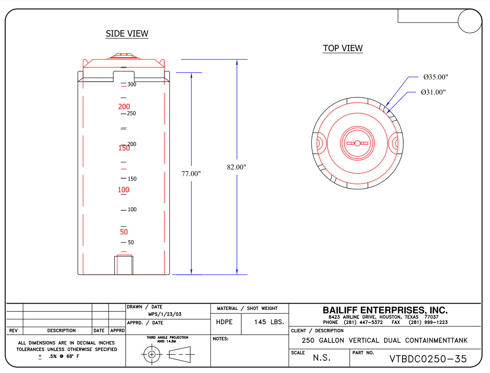 250 GALLON HDPE DOUBLE WALL VERTICAL TANK